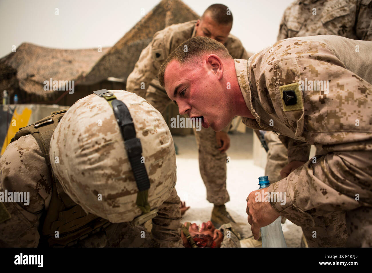 U.S. Navy Hospital Corpsman 3rd Class Brandon Watral (right), field ...