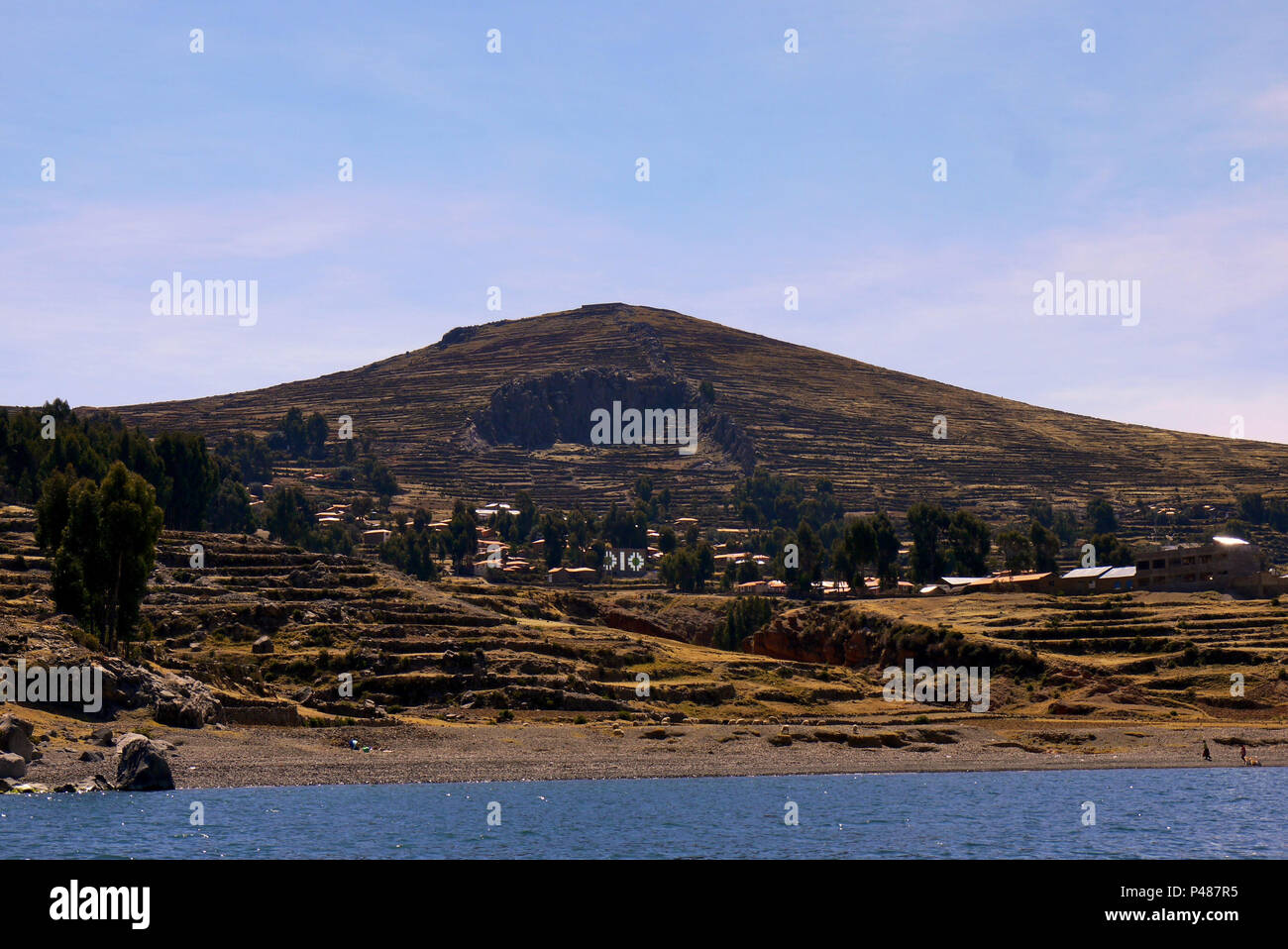 The terraced landscape of a steeply sloping Island of Taquile a ...