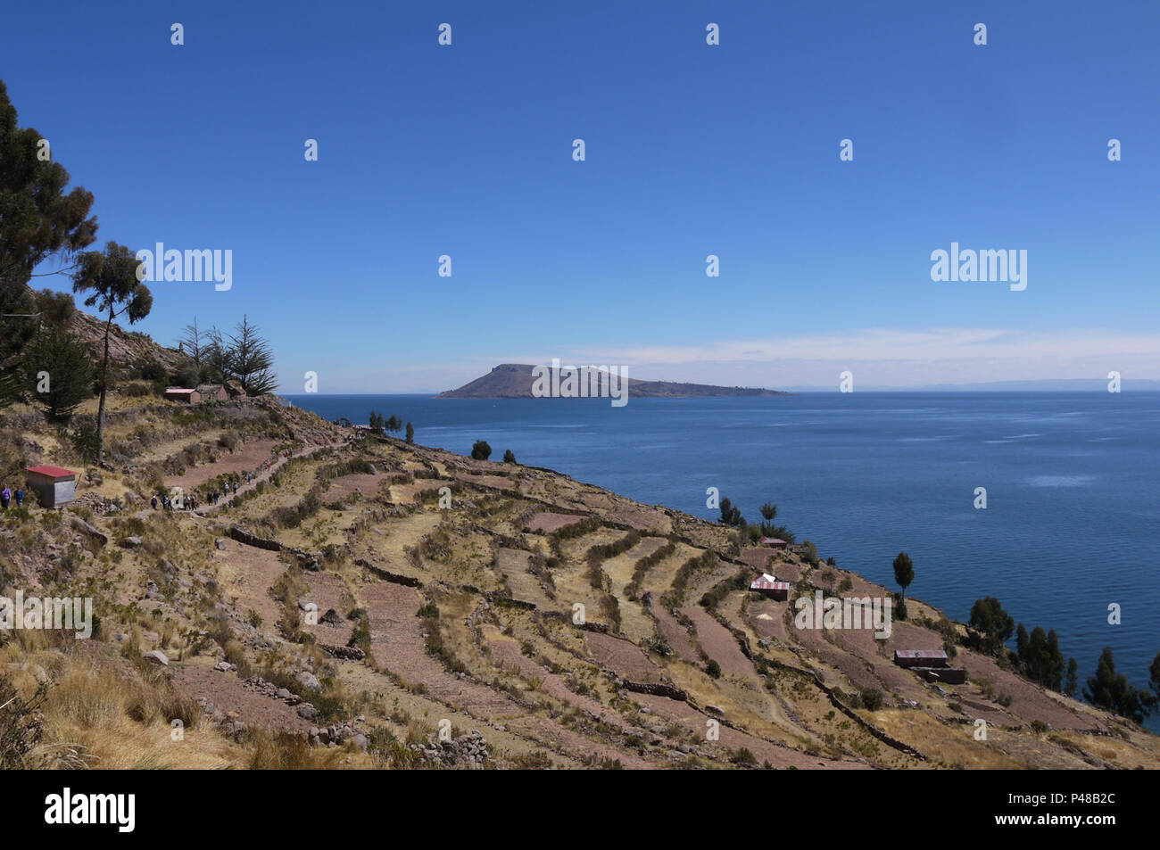 The terraced landscape of a steeply sloping Taquile Island a settlement ...