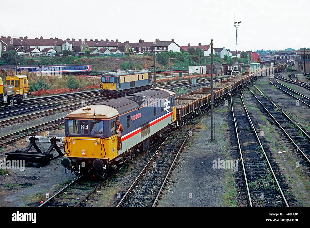 A class 73 electro diesel locomotive number 73117 enters Tonbridge yard ...