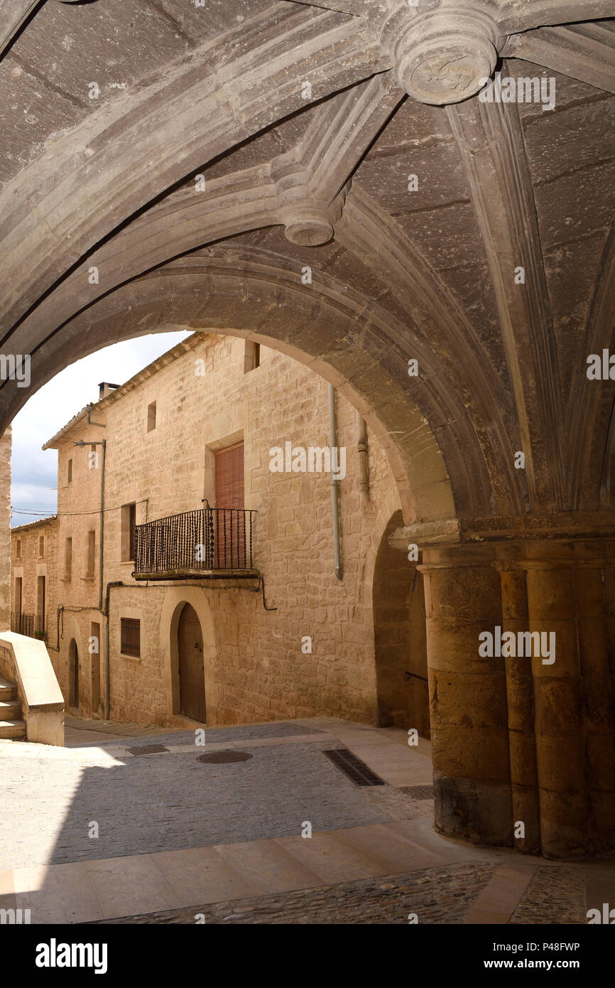 arcade historical center of Calaceite, Matarraya, Teruel province,Spain ...