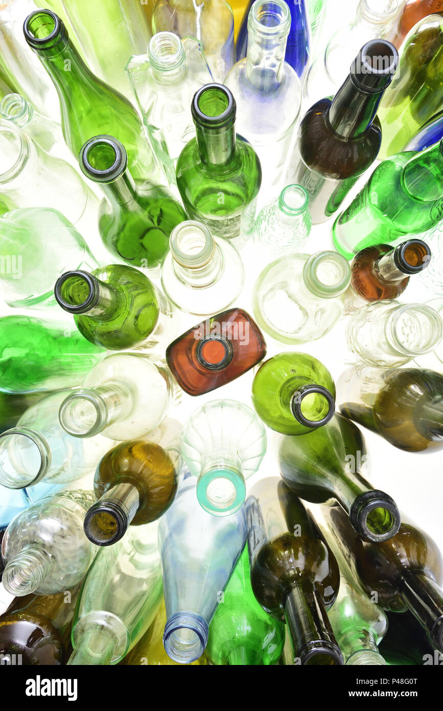 top view of glass bottles on white Stock Photo - Alamy