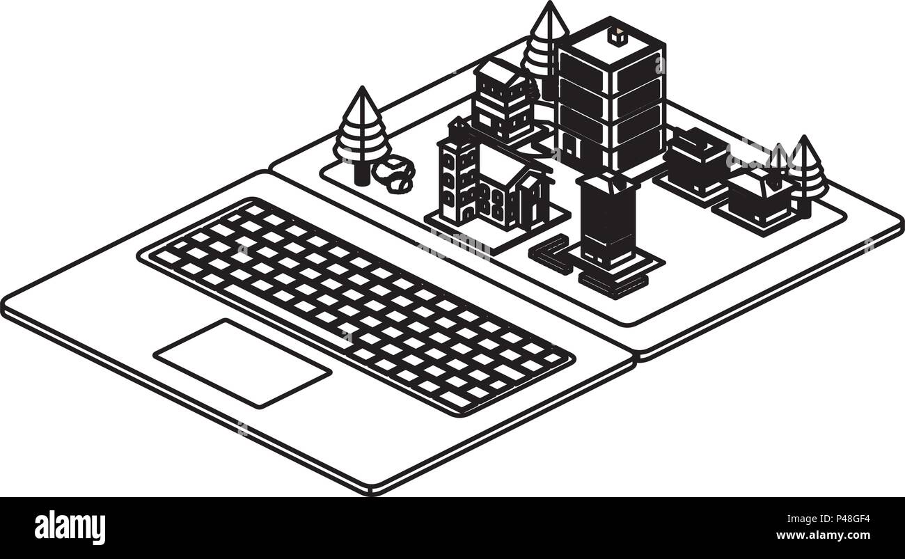 computer laptop and building scene isometric icon Stock Vector Image ...