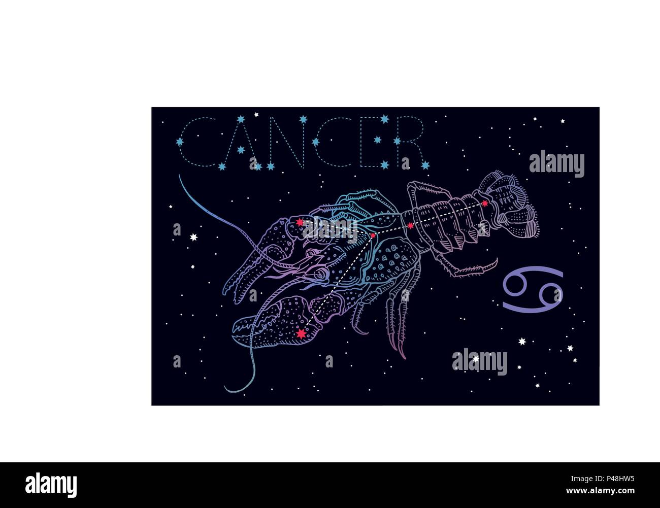 Cancer zodiac sign and constellation symbol on a cosmic blue background ...