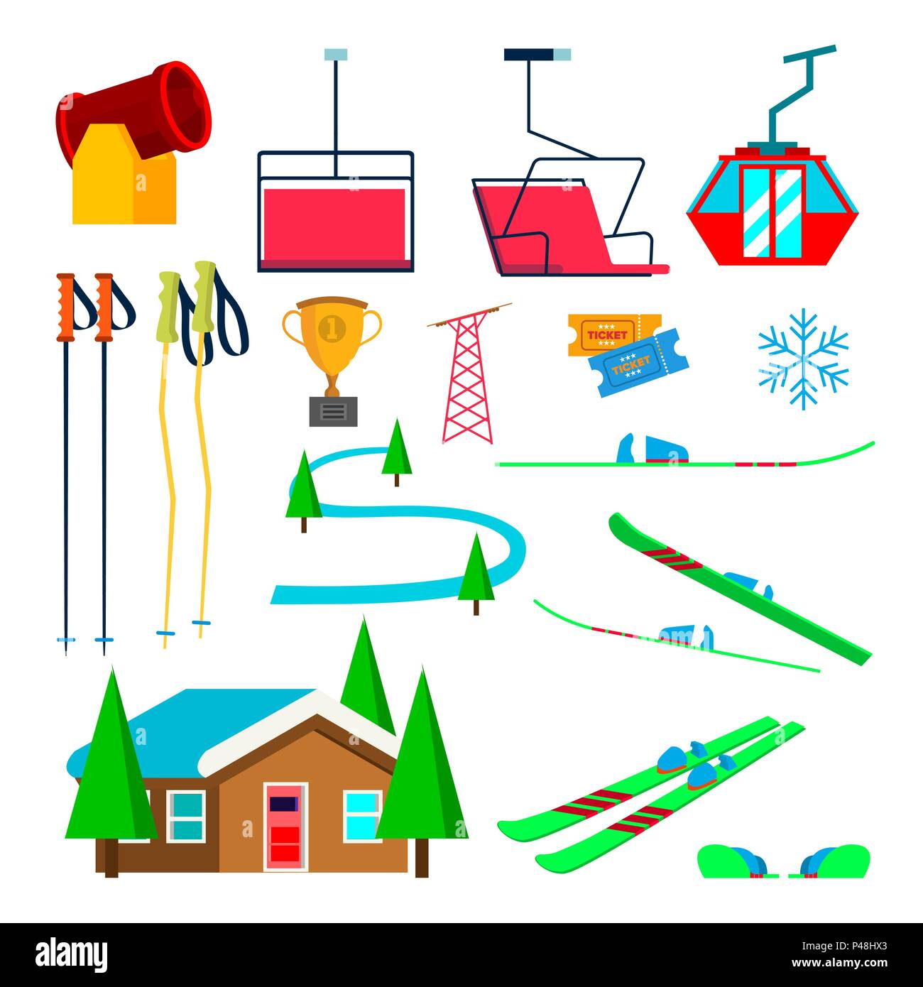 Skiing Icons Set Vector. Skiing Accessories. Skis, Snow Gun, Snowflake ...