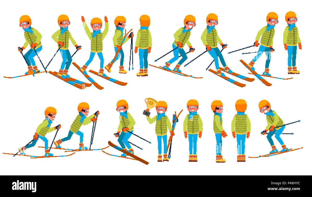 Skiing Male Vector. In Action. Man On Skis. Winter Sport. Ski Suit ...