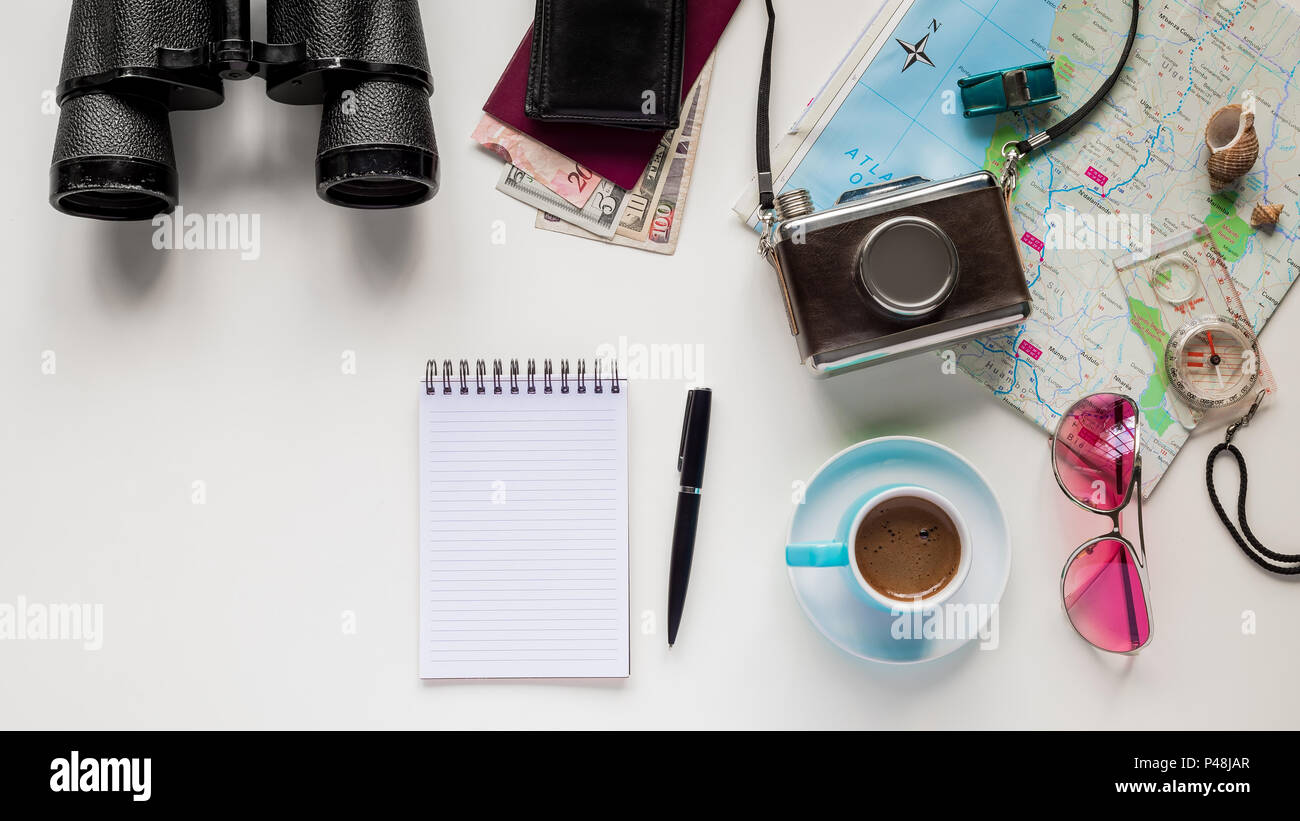 Flat Lay Top View vintage Map for planning a trip or vacation with scattered items Stock Photo ...