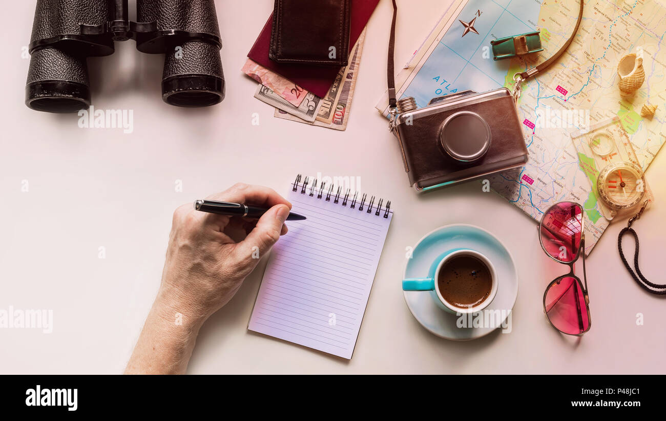 Flat Lay Top View vintage Map for planning a trip or vacation with scattered items Stock Photo ...