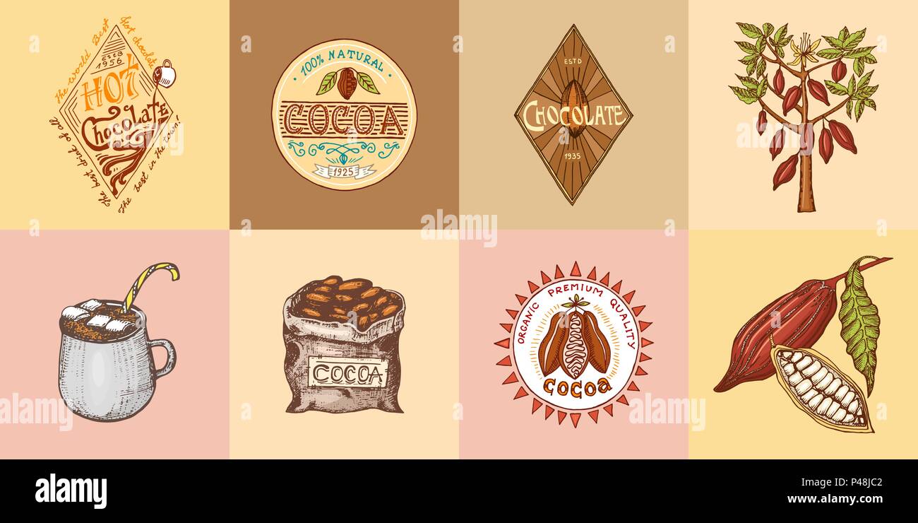 Cocoa and hot chocolate logos. modern vintage badges for the shop menu ...