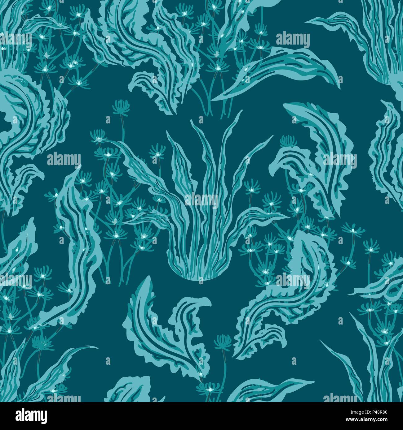 Seaweed pattern. Silhouette underwater plants seamless pattern, sea ...