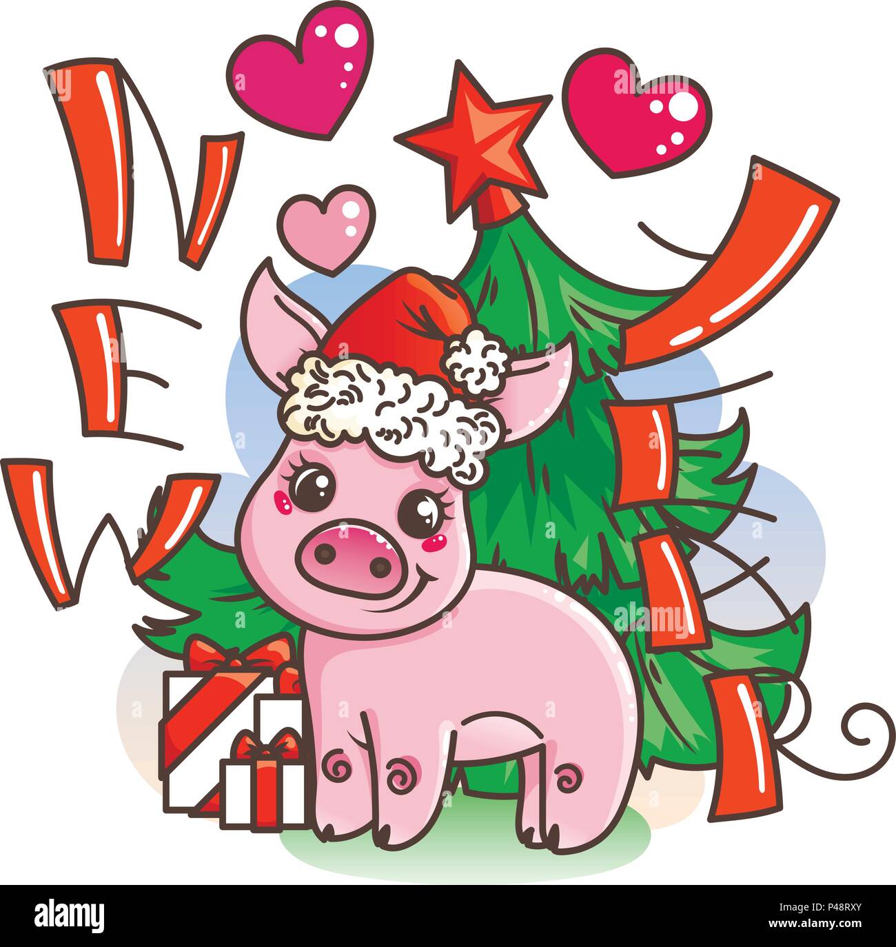 Happy New 2019 Year card with cartoon baby pig. Small vector symbol of ...