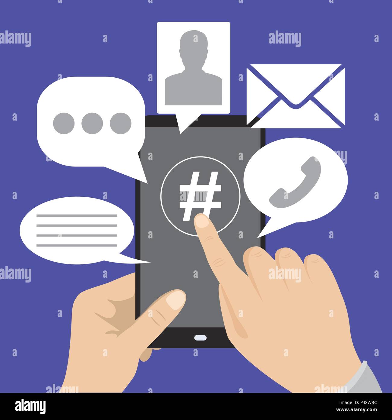 Hand holding black smartphone, touching blank screen.Hashtag and Chat ...