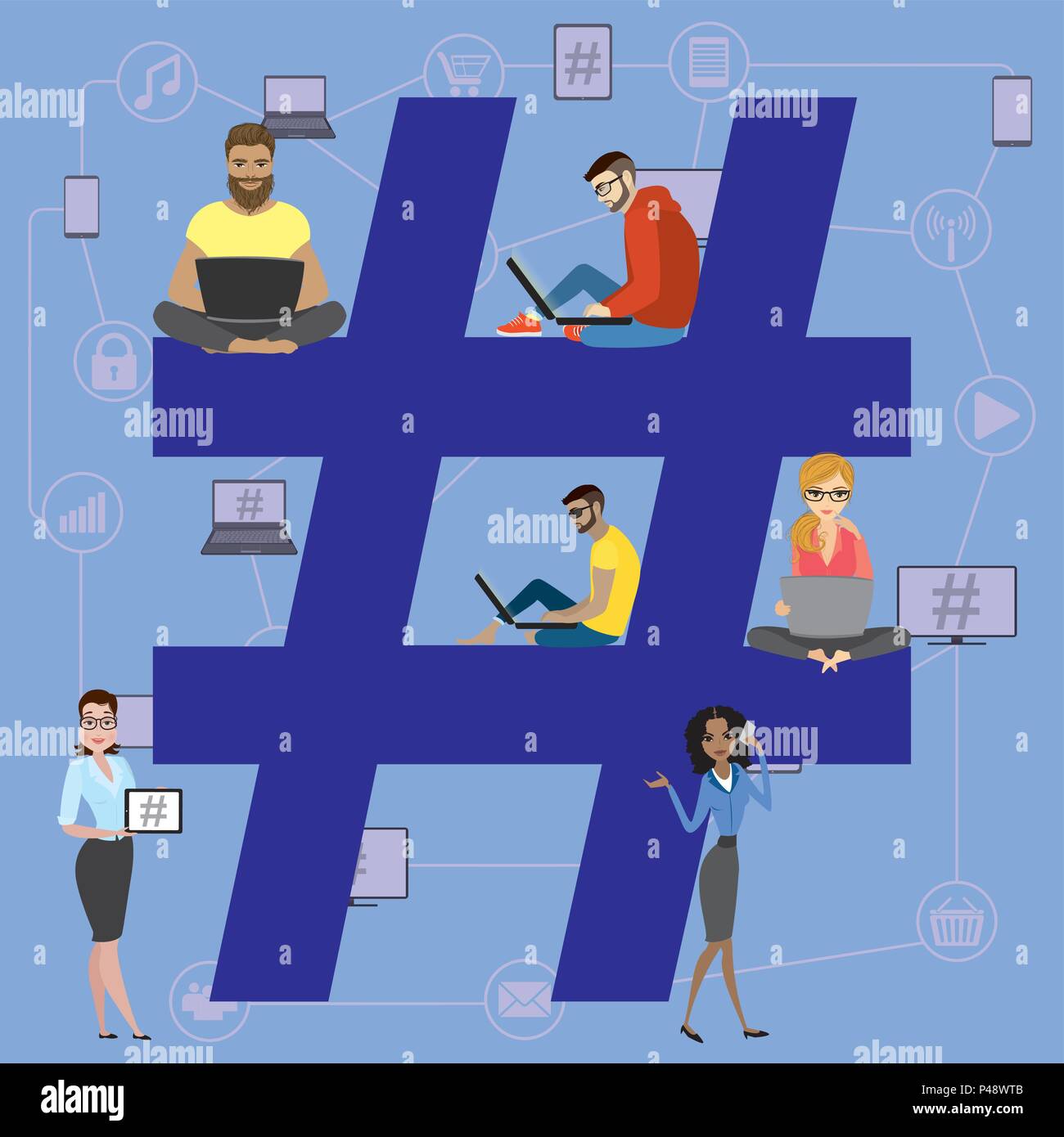 Hashtag illustration of young people using laptop and smartphone for ...