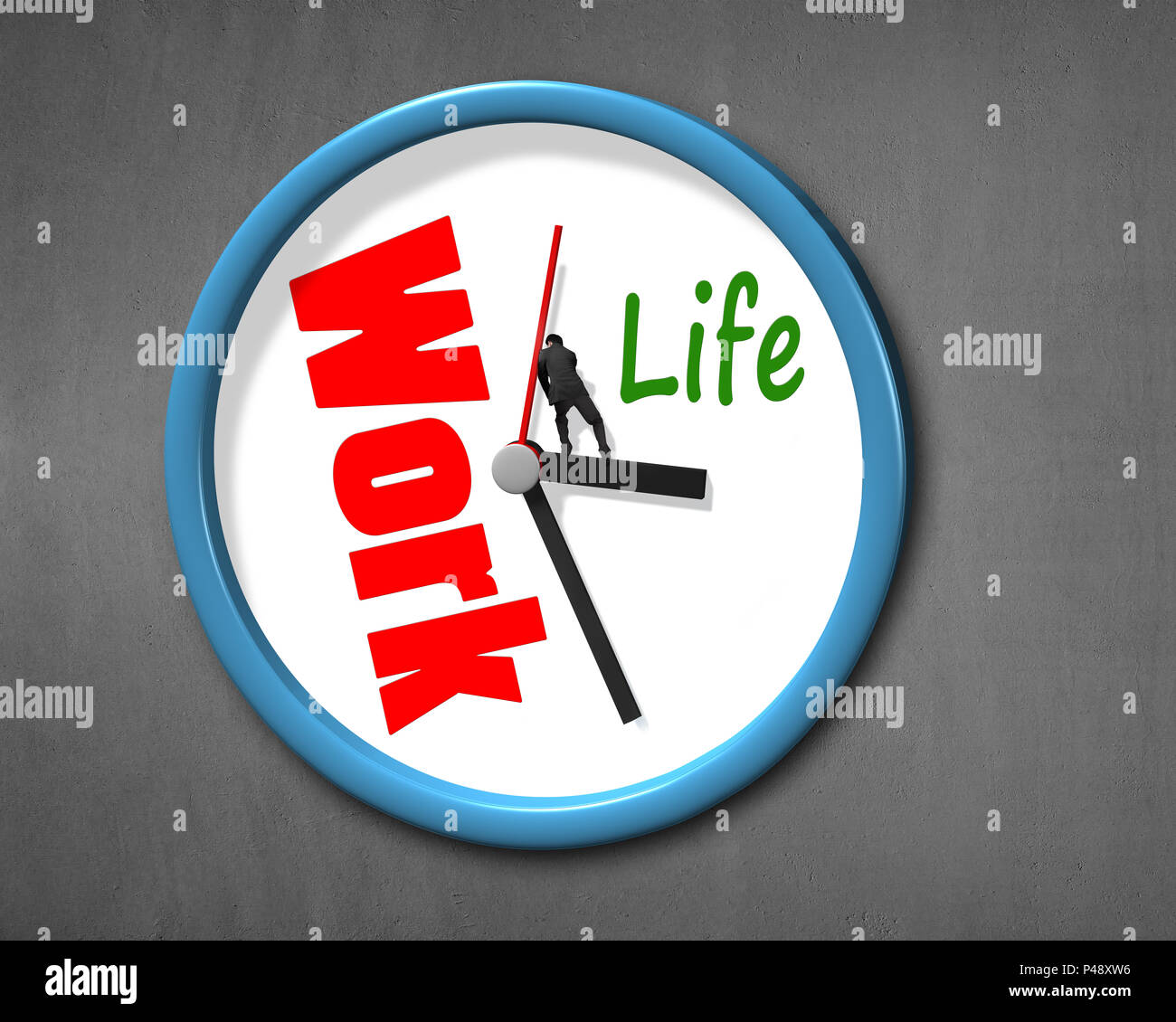 Pushing hand with work life clock face on concrete wall Stock Photo - Alamy