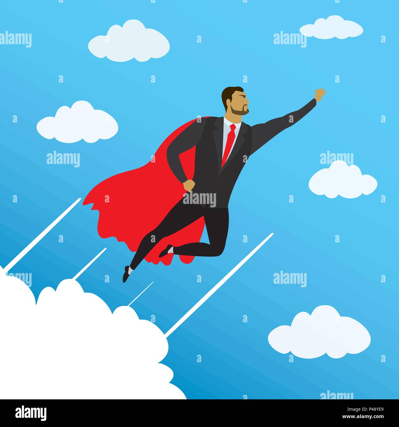 Businessman looking like Super hero flying to success in sky,vector ...