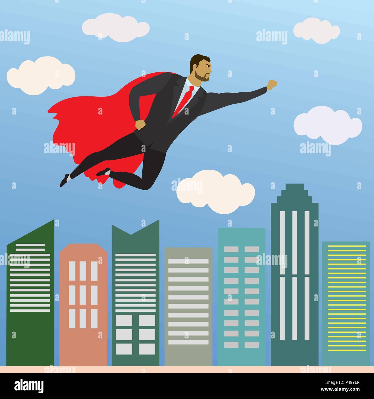 Businessman superhero flying in the sky above the office skyscrapers ...