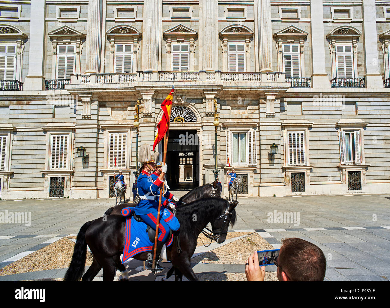 Madrid, Spain - June 20, 2018. Spanish Royal Guard at the East gate of ...