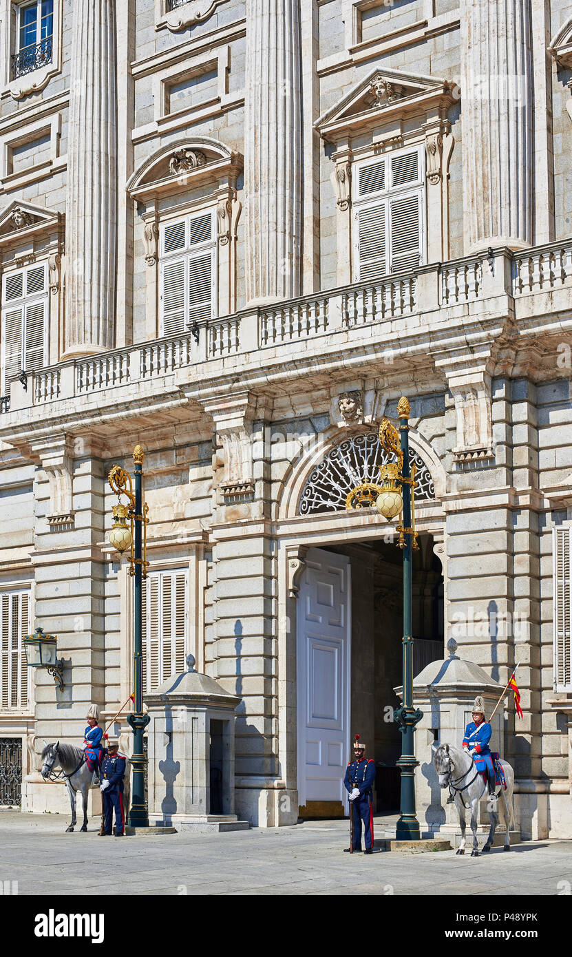 Madrid, Spain - June 20, 2018. Spanish Royal Guard at the East gate of ...