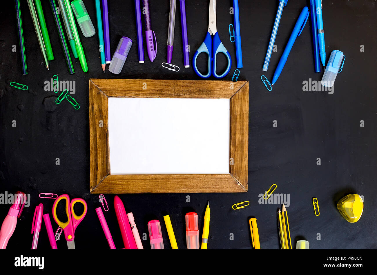 Flat lay with lettering back to school and set of school equipment on ...
