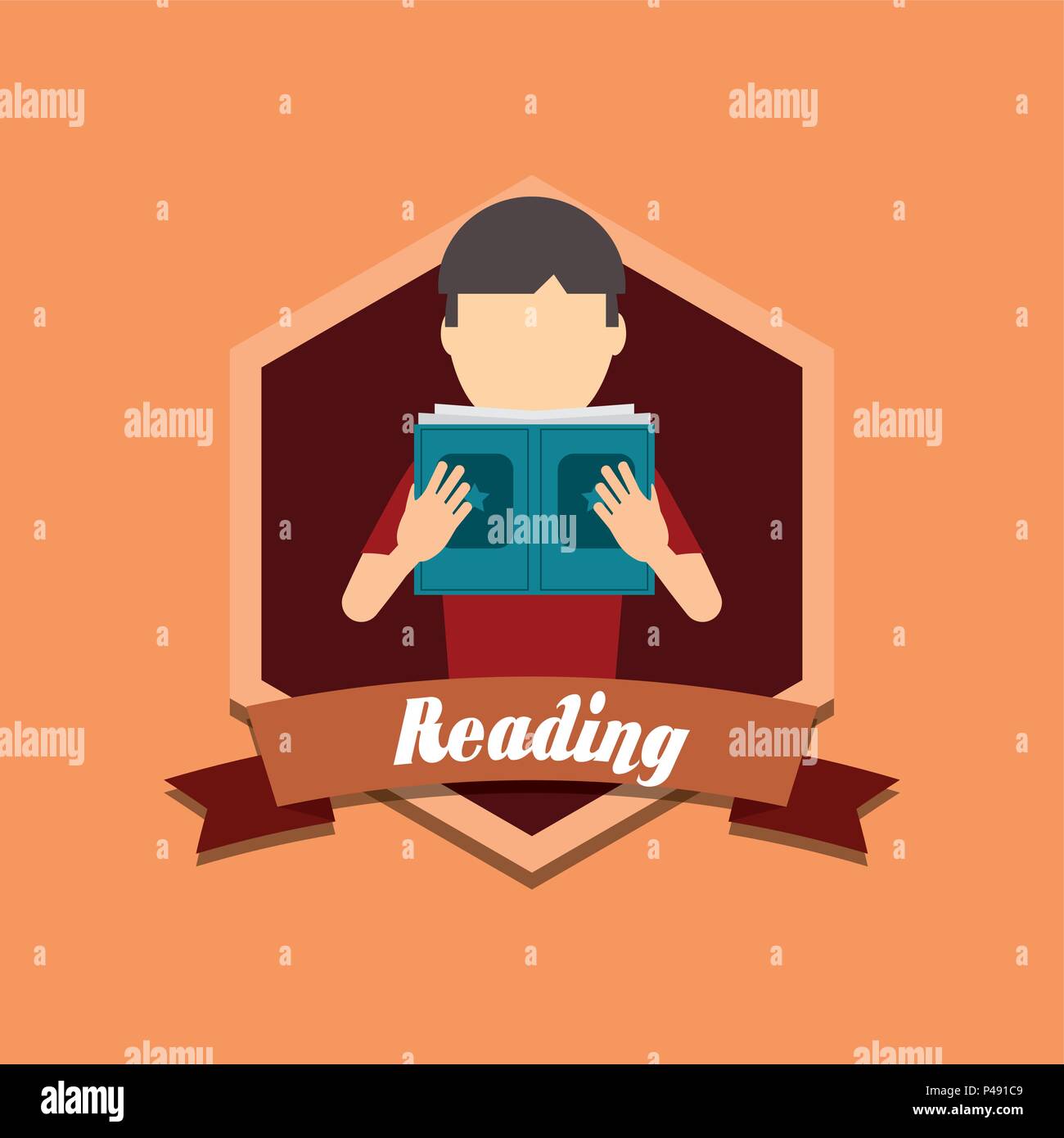 emblem with man reading a book over orange background, colorful design ...