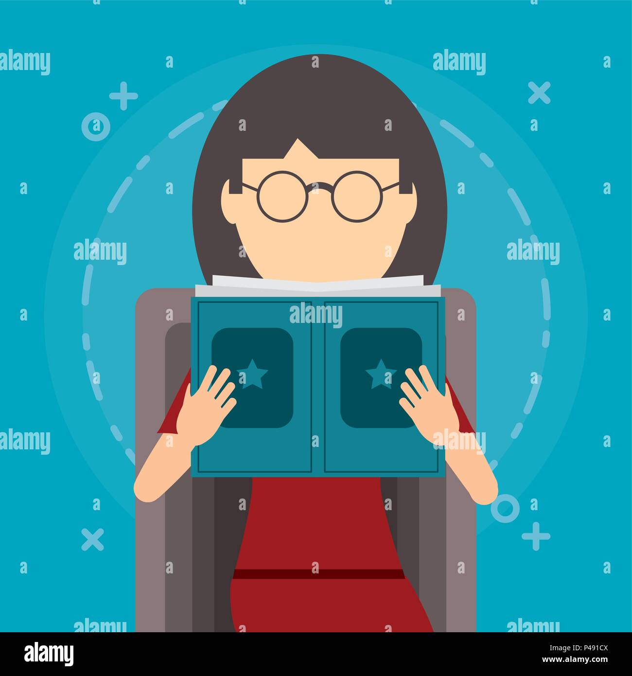woman reading a book over blue background, colorful design. vector ...