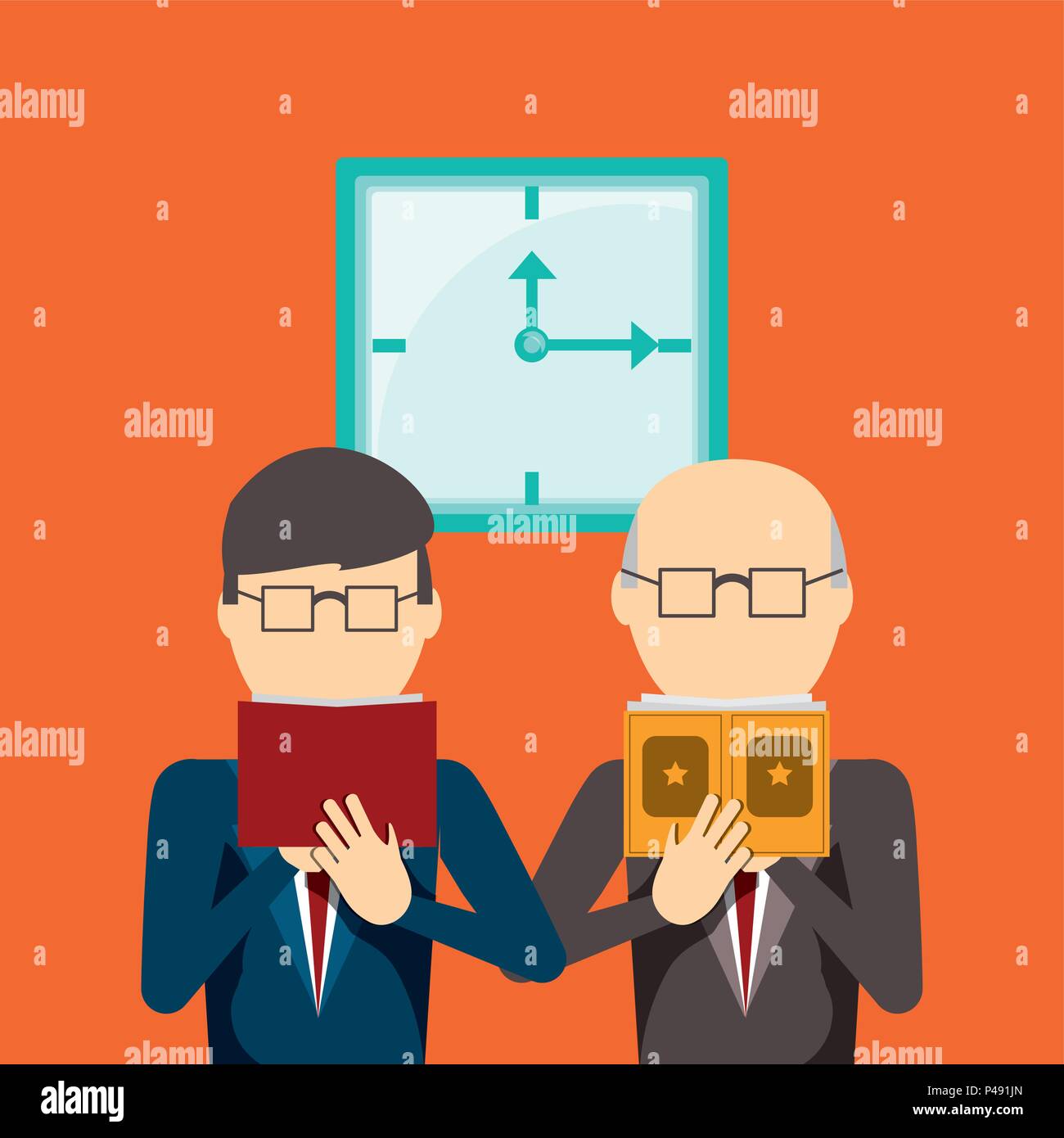 cartoon businessman reading a books over orange background, colorful ...