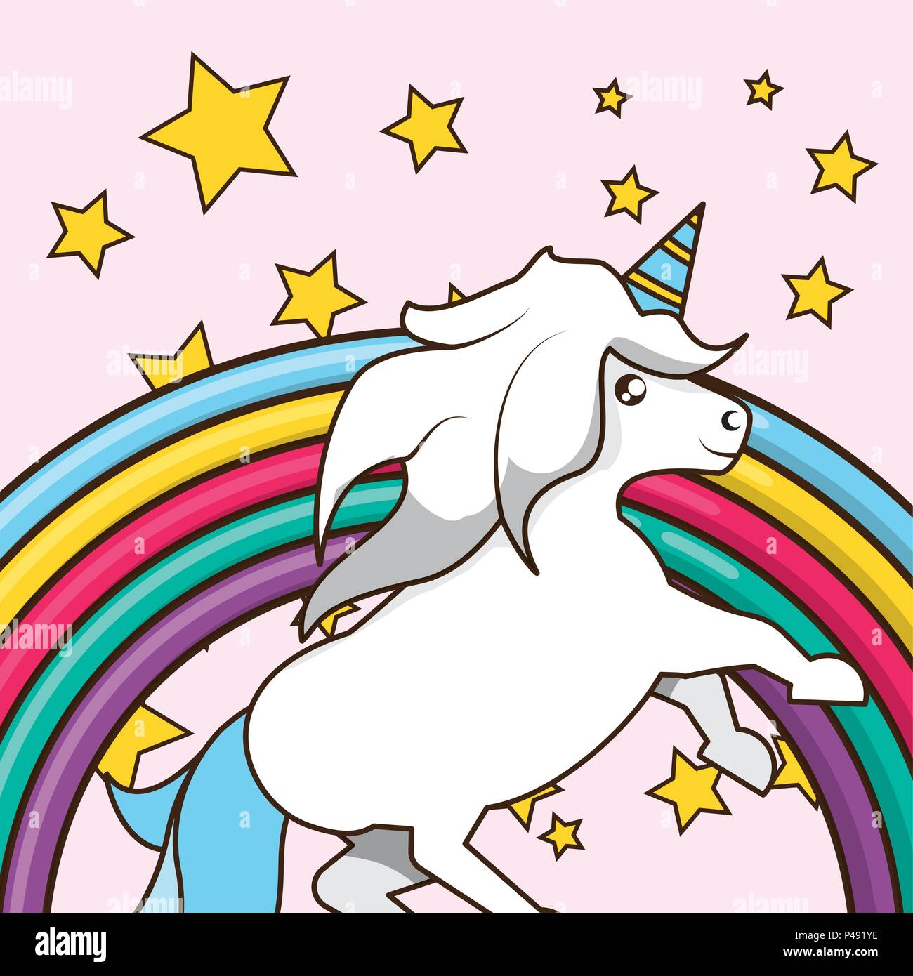 Cute unicorn over rainbow and stars, colorful design. vector ...
