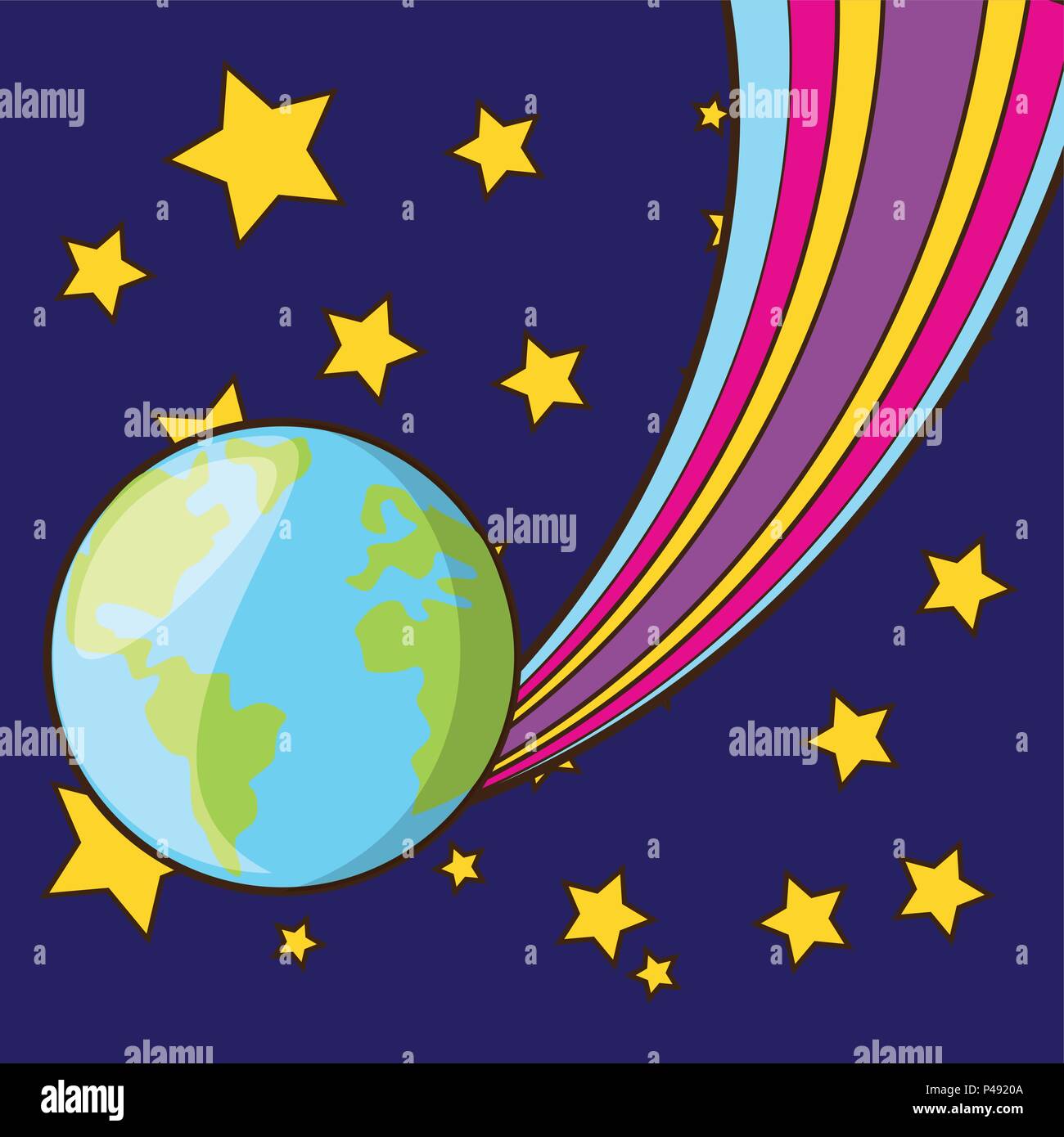earth planet and rainbow with stars around over blue background, vector ...