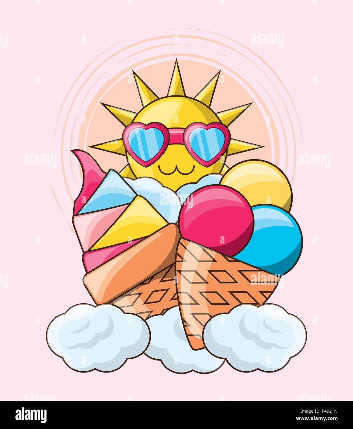 ice creams and cute sun with glasses over pink background, colorful ...