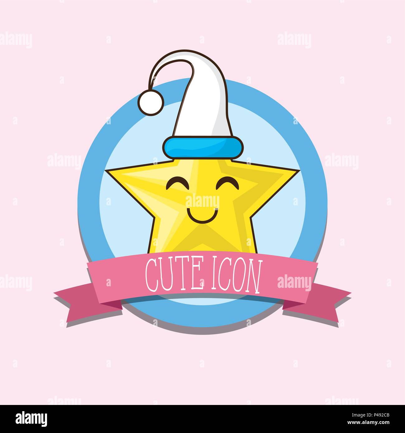 emblem with cute star with nightcap over pink background, vector ...