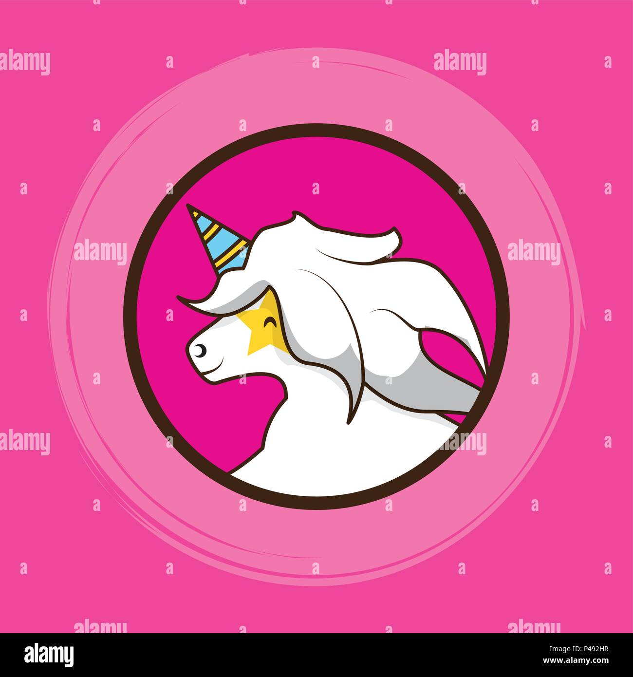 decorative circular frame with Cute unicorn icon over pink background ...