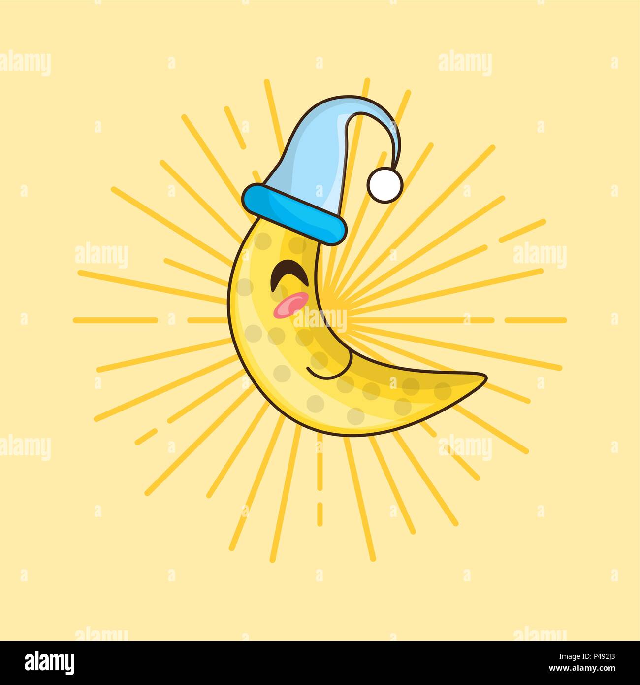 cartoon cute moon with nightcap over yellow background, colorful design ...