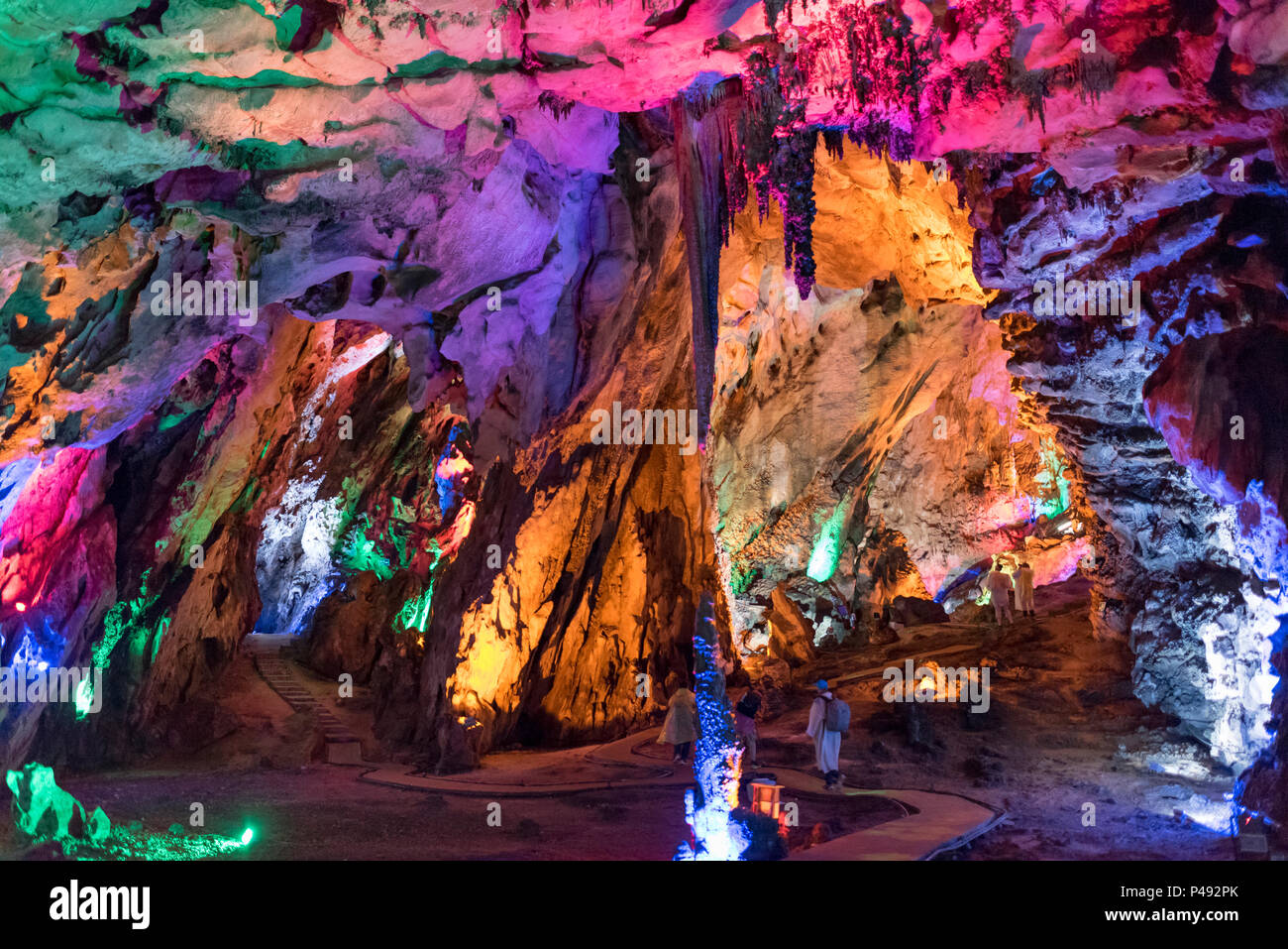 Brightly lit interior of underground cave, Tian Zhong Cave, Libo ...