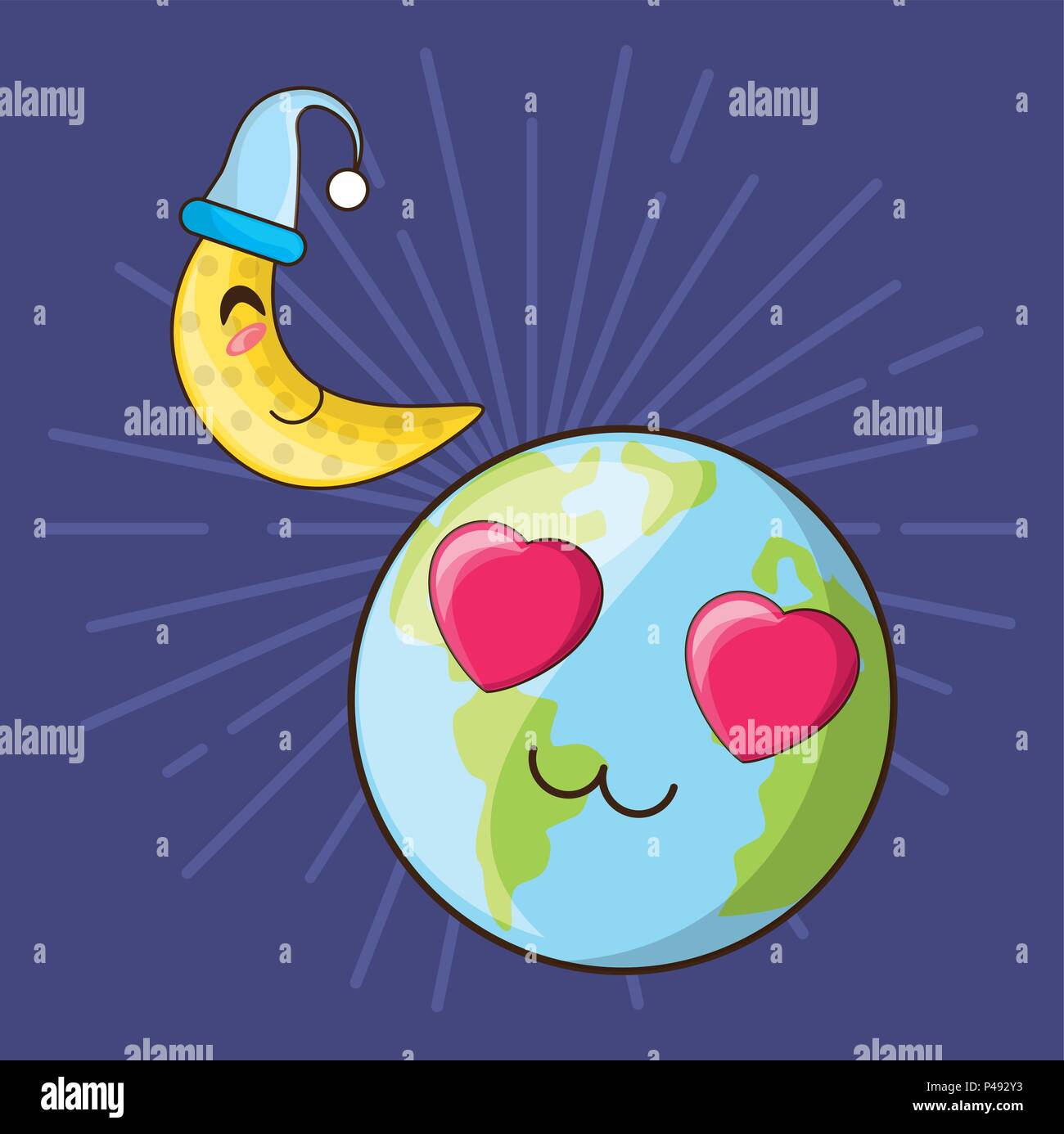 cute moon and earth planet with eyes in heart shape over blue ...