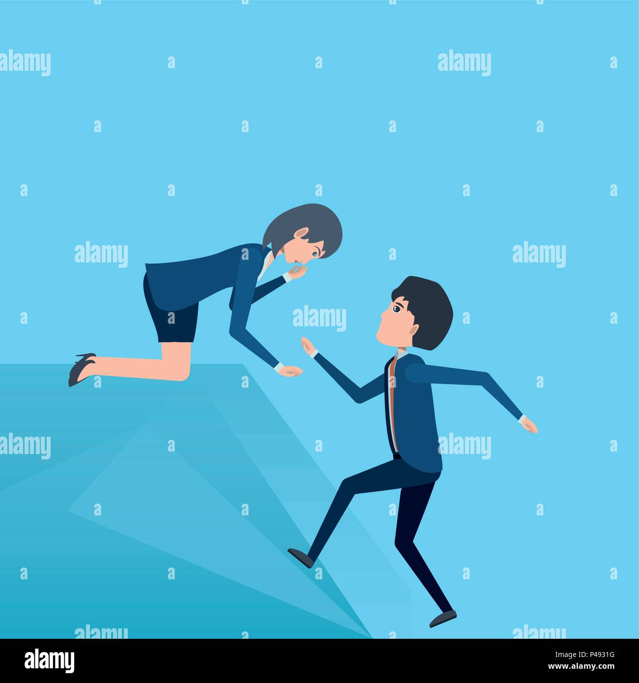 businesswoman helping a businessman over blue background, colorful ...
