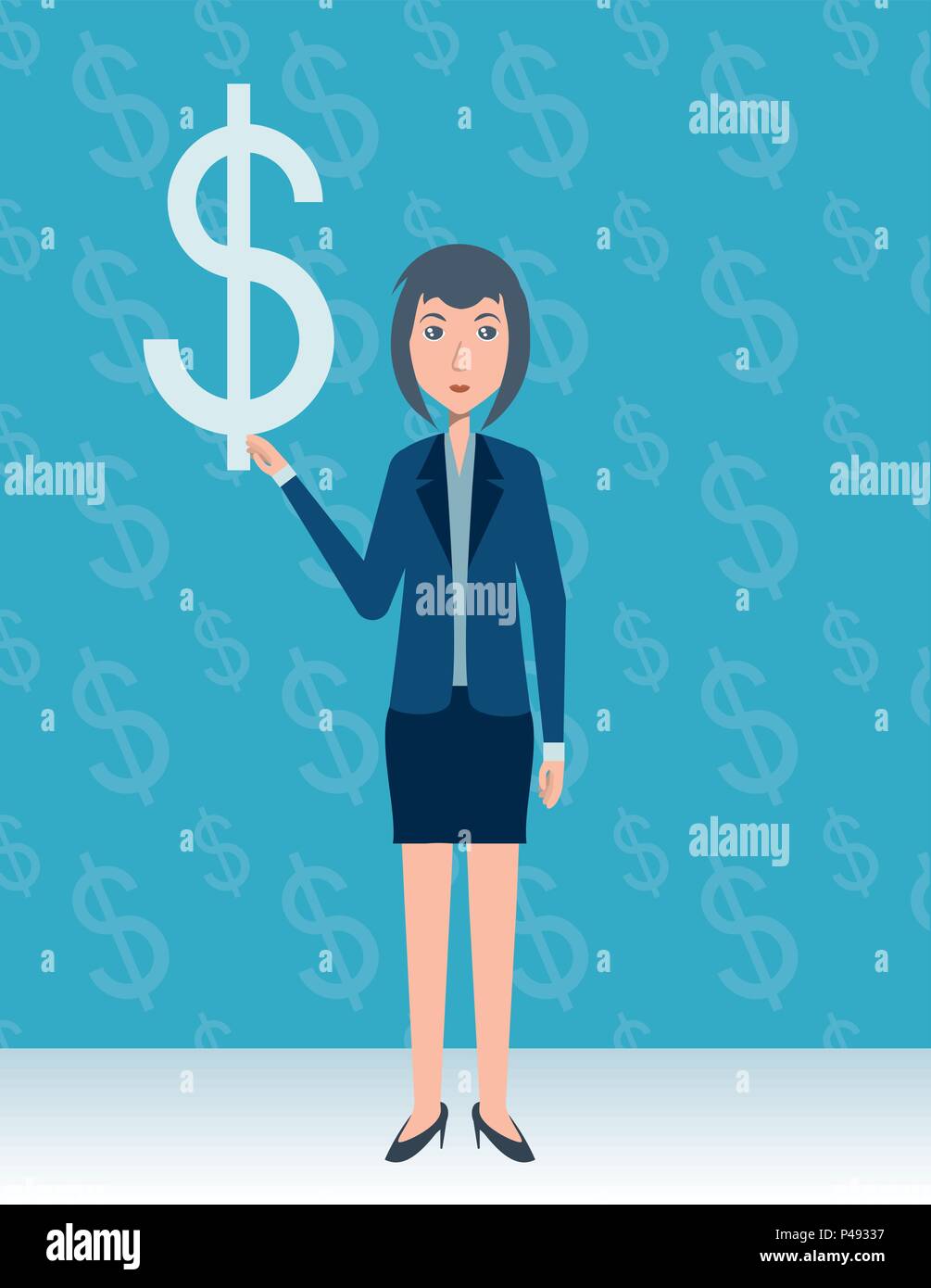 Cartoon businesswoman standing and holding a money symbol over blue ...