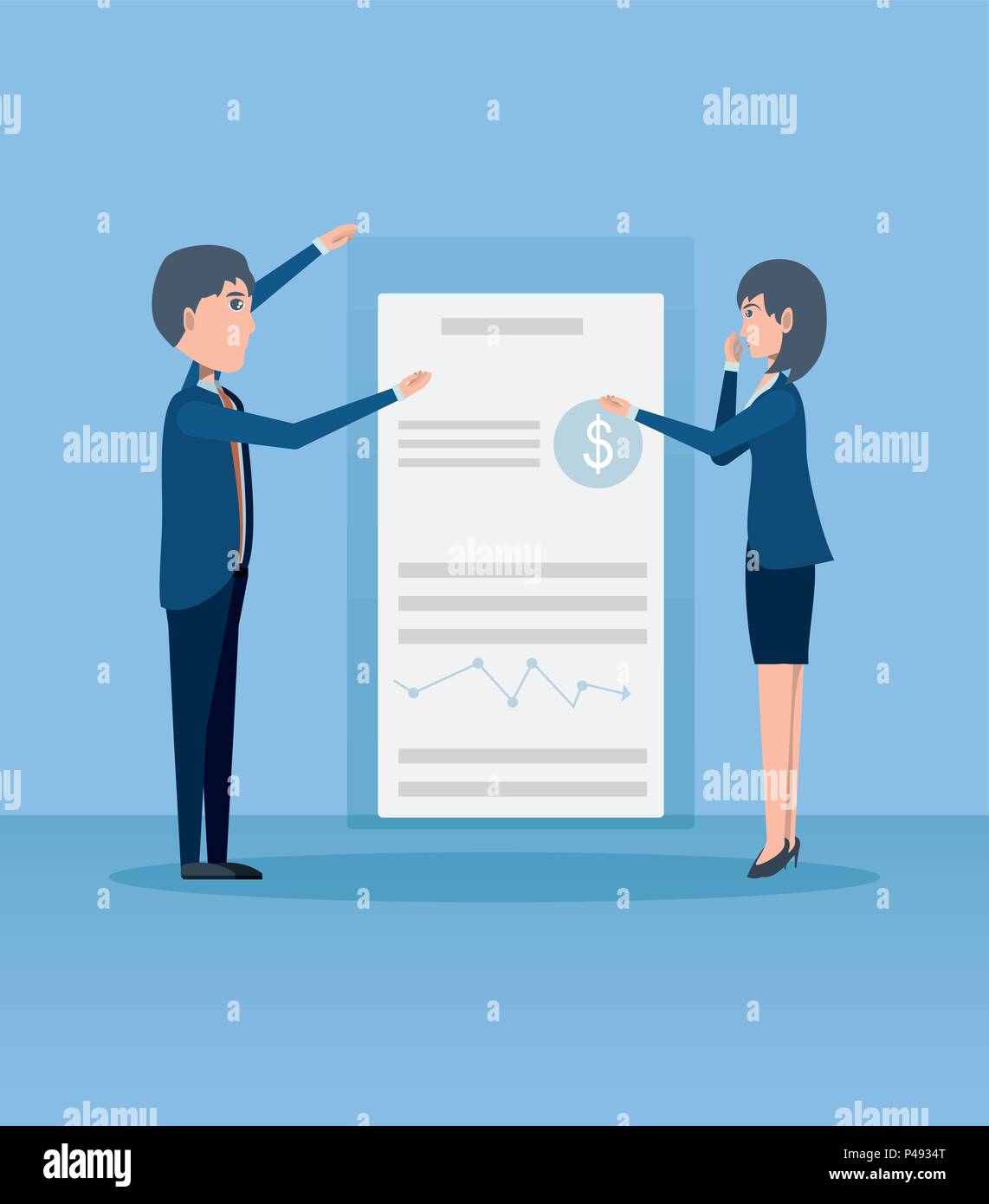 cartoon businessman and businesswoman with invoice page over blue ...