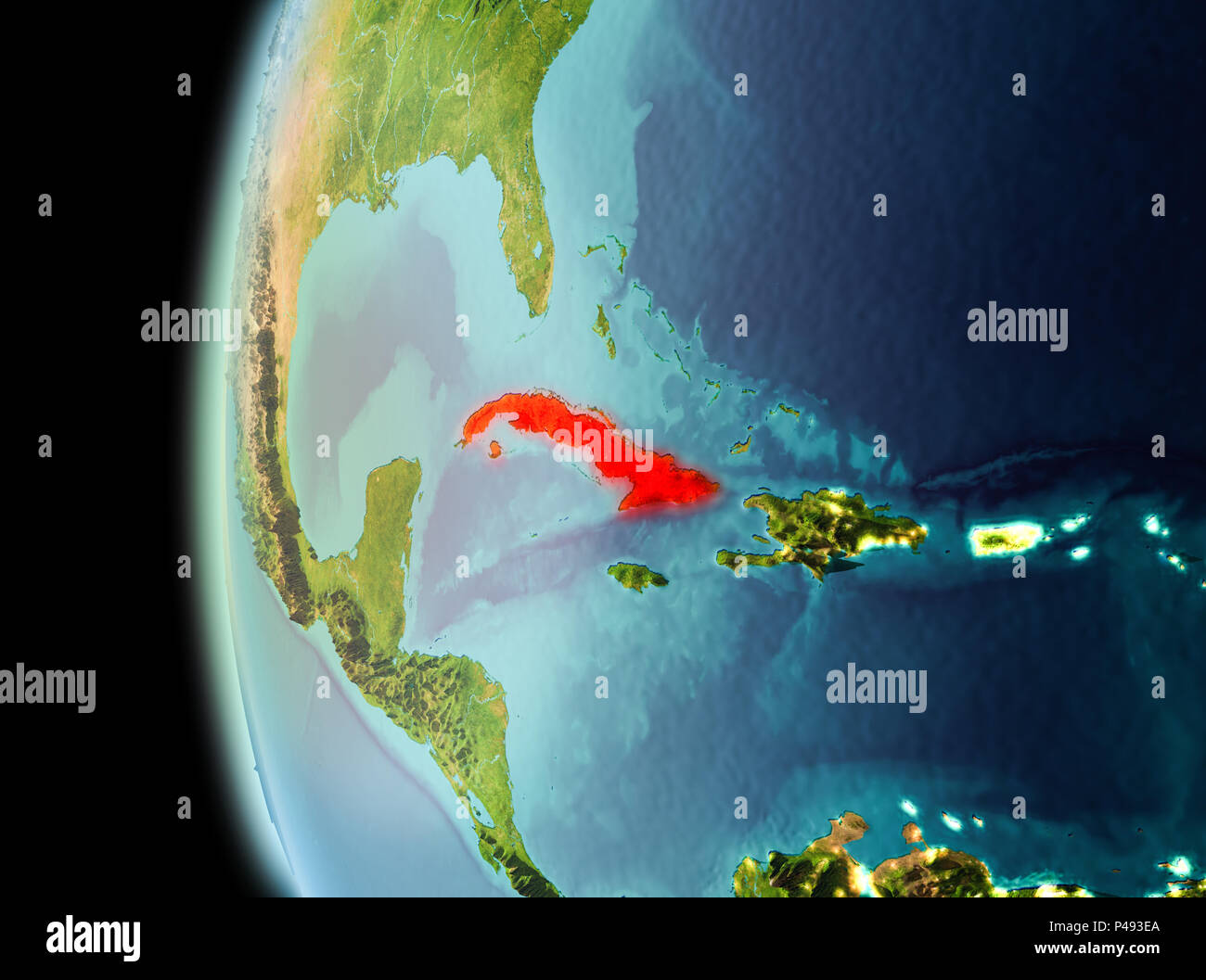 Illustration of Cuba as seen from Earth’s orbit in late evening. 3D ...