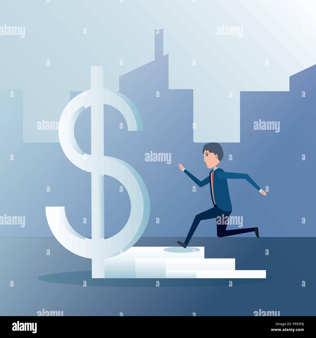 cartoon businessman running and money symbol over blue background ...