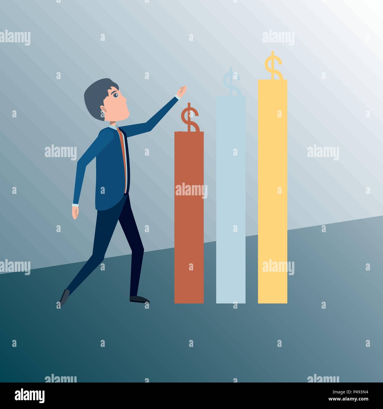 cartoon businessman standing and money bar chart over gray background ...