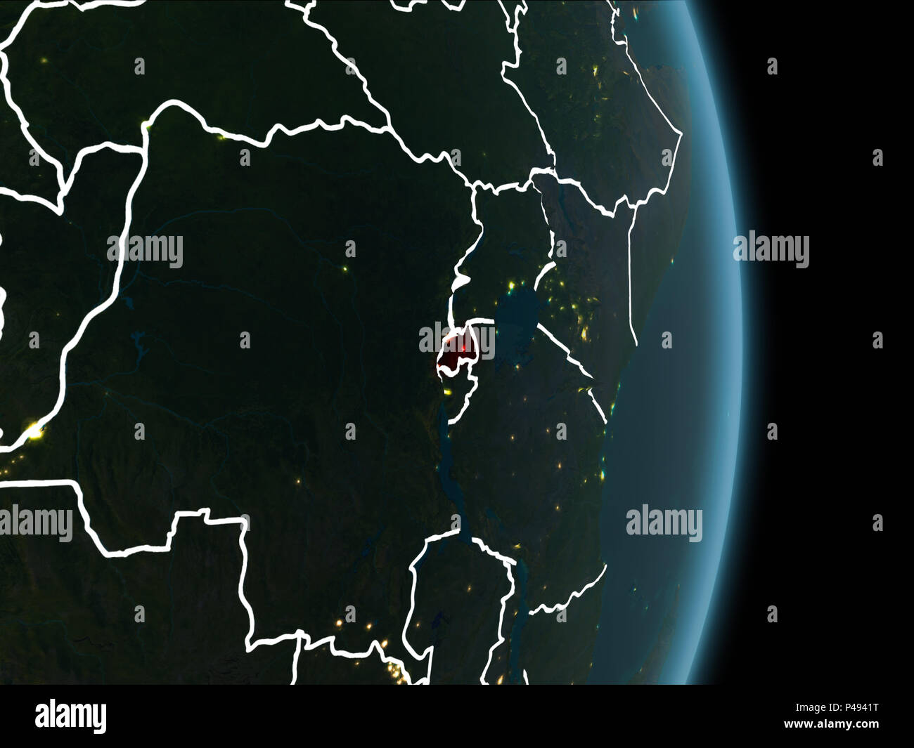 Map of Rwanda in red as seen from space on planet Earth at night with ...