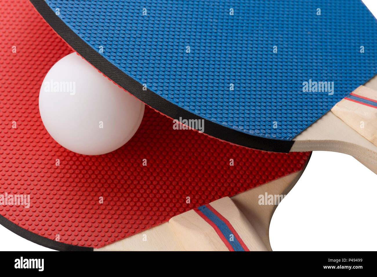 Closeup of Red and Blue Ping Pong Paddles, Blue on top of Red with ball ...