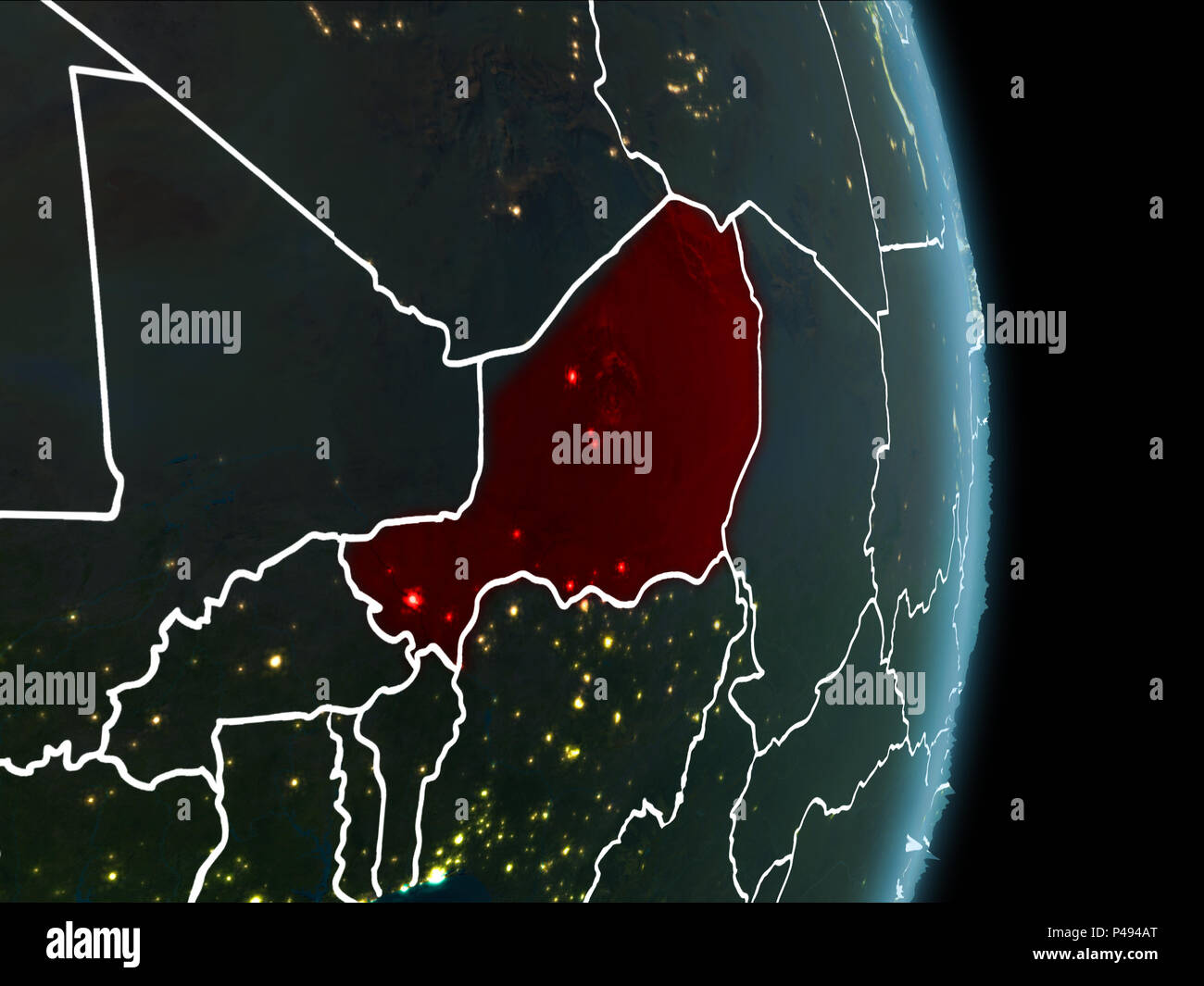 Map of Niger in red as seen from space on planet Earth at night with ...