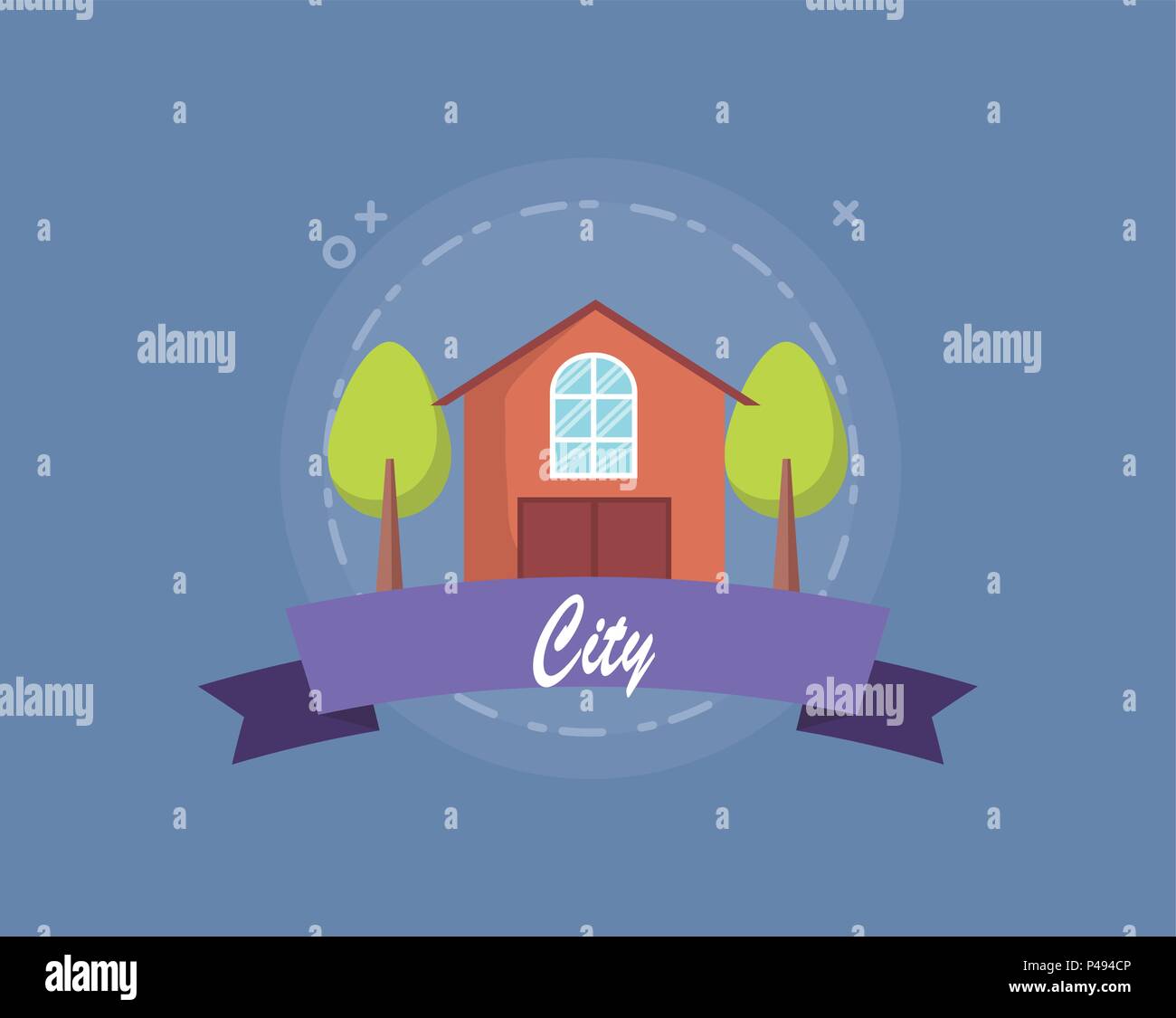 city emblem with trees and house icon over purple background, colorful ...