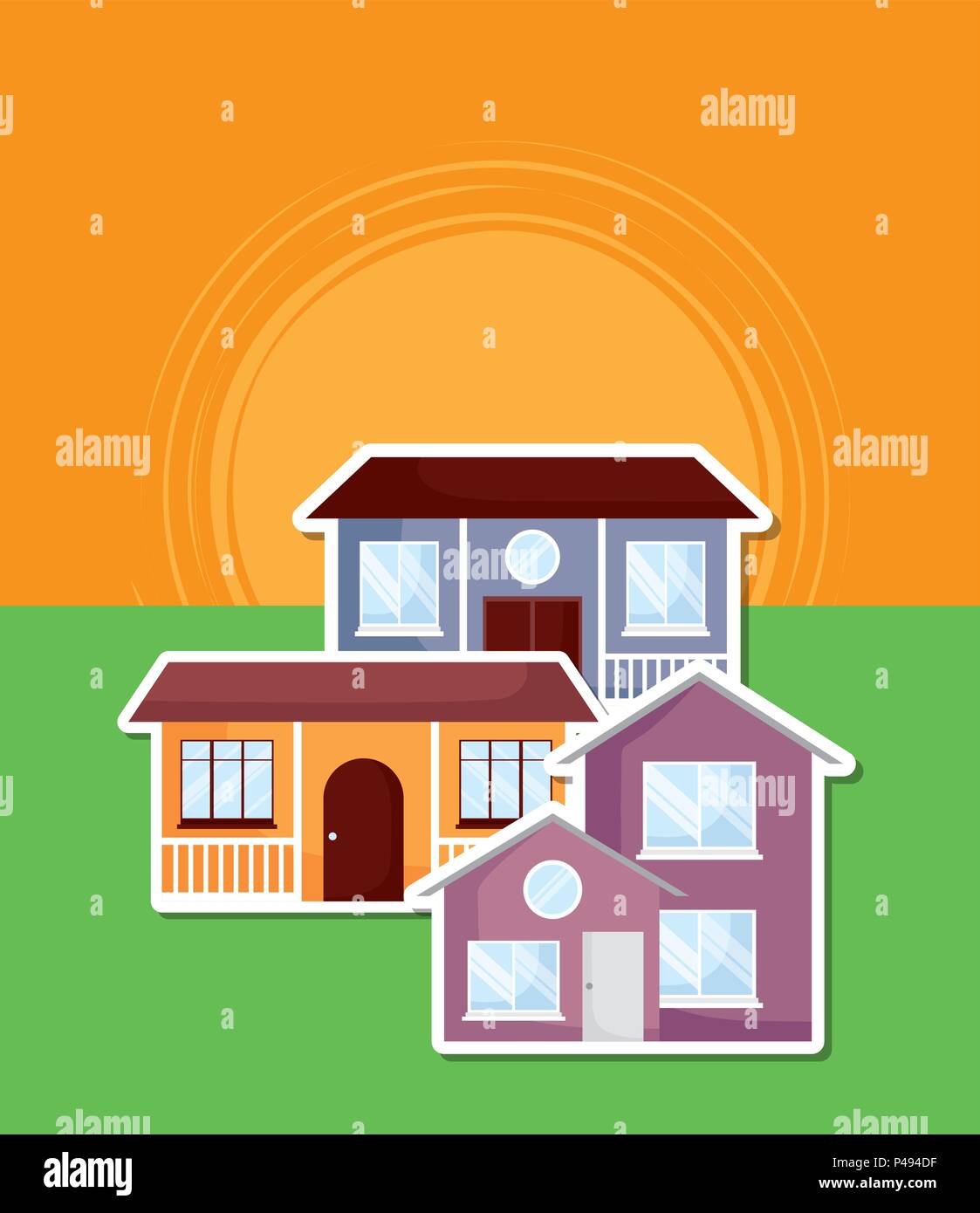 modern houses over sunset landscape, colorful design. vector ...