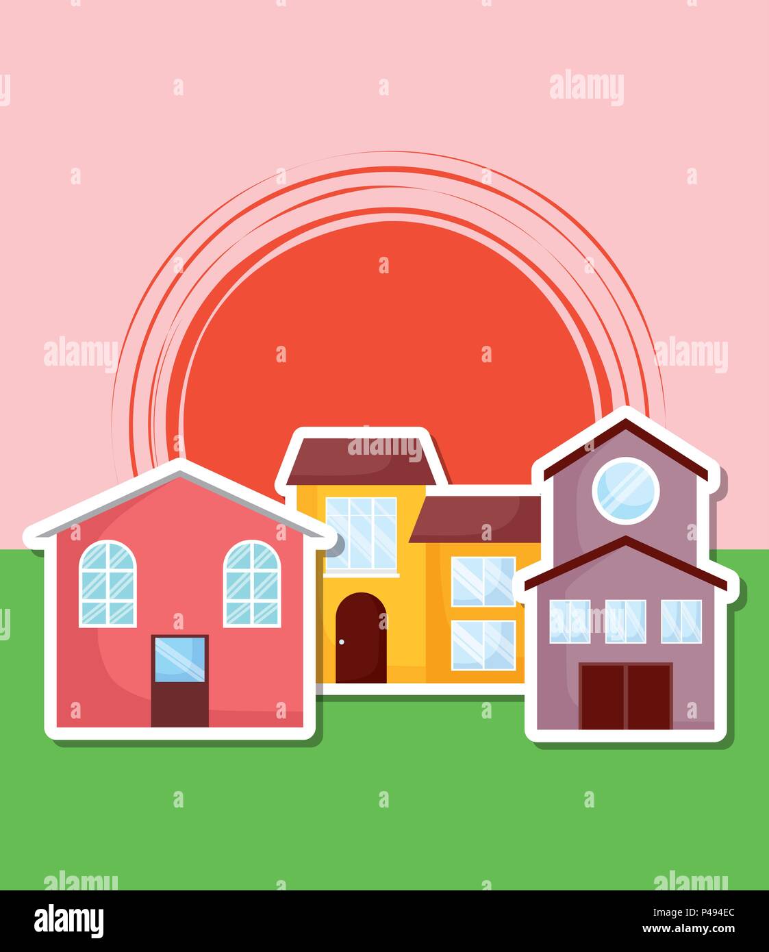 modern houses over sunset landscape, colorful design. vector ...