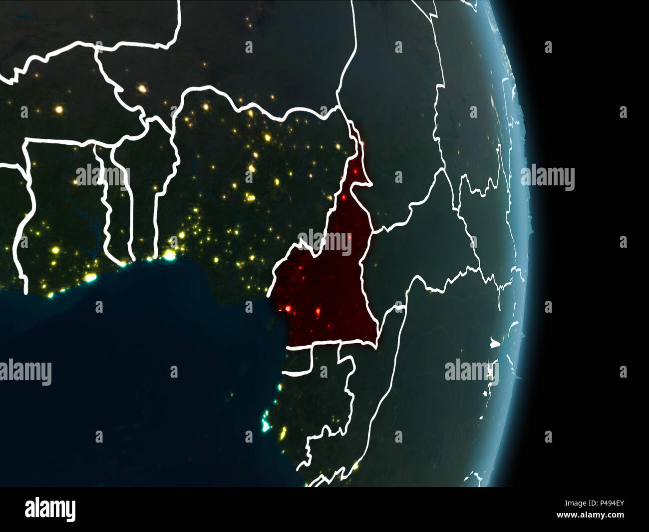 Map of Cameroon in red as seen from space on planet Earth at night with ...
