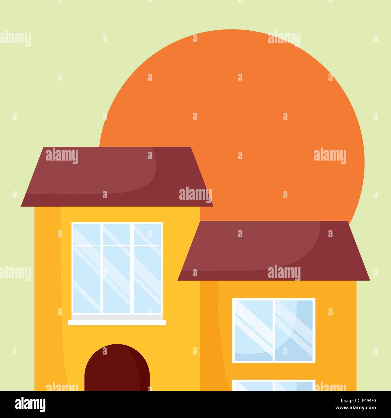 houses over the sun and green background, colorful design. vector ...