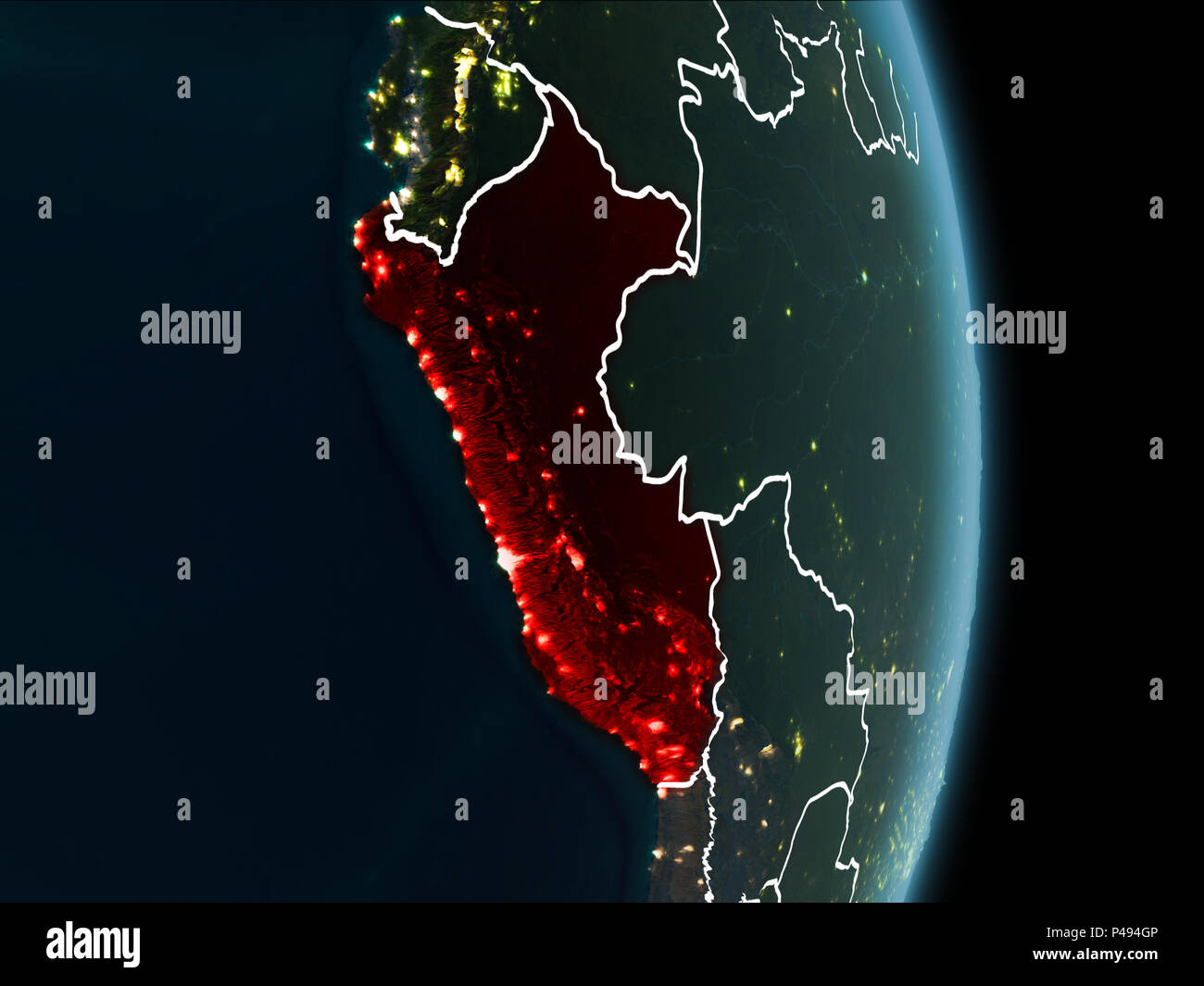 Map of Peru in red as seen from space on planet Earth at night with ...