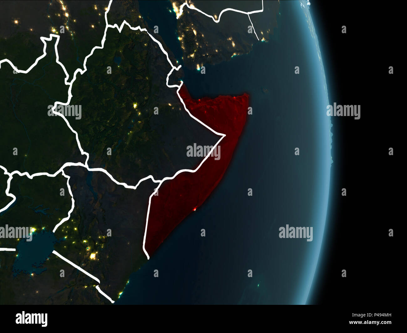 Map of Somalia in red as seen from space on planet Earth at night with ...
